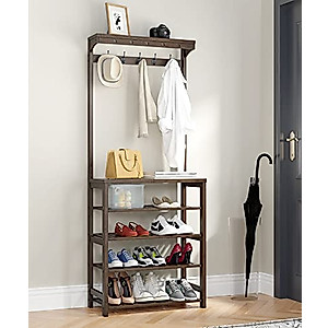 SEIRIONE 5-Tier Coat and Shoe Rack for Entryway Organizer, Freestanding Hall Tree, Mudroom Storage Organization Furniture, 5 Hanger Hooks, Upper Shelf, Solid Bamboo, Stylish Appearance