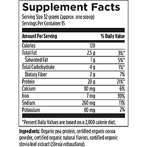 Designs for Health Organic PurePea - 20g Vegan Pea Protein, Organic + Non-GMO Natural Drink Mix Powder Supplement, Chocolate (15 Servings / 480g)