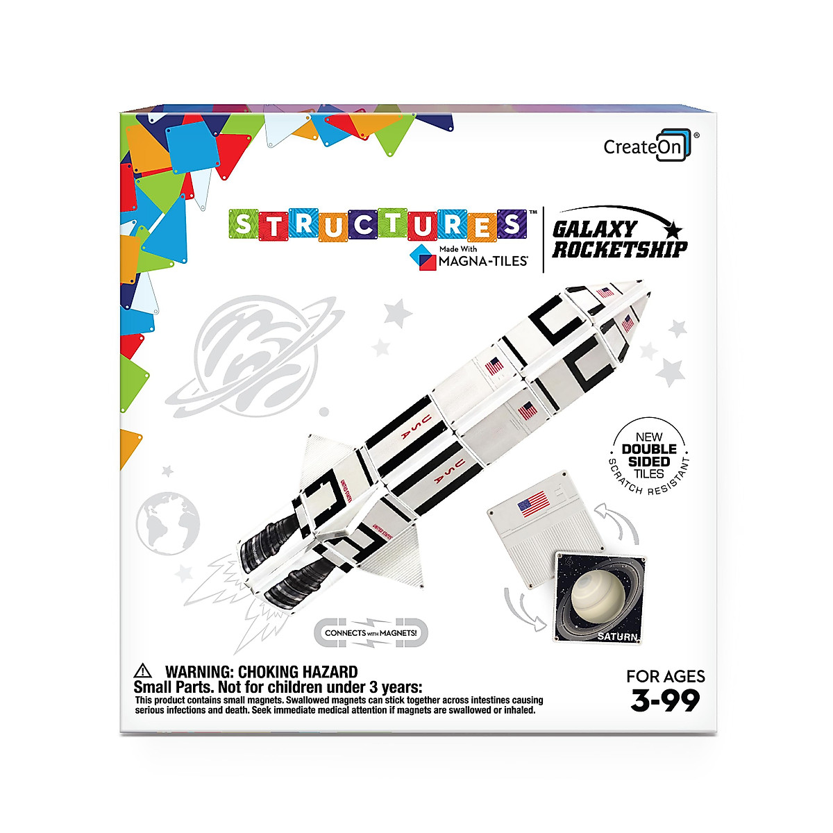 CreateOn Magna-Tiles Structure-Building Set for Kids, Galaxy Rocket Magnet Tiles, Magnetic Kids’ Building Toys, STEM Toys for Boys and Girls Ages 3+, 24 Pieces