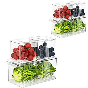 blitzlabs Refrigerator Storage Containers Fridge Produce Saver, Stackable Freezer Organizer Keeper Drawers Bins Baskets with Lids and Removable Drain Tray for Veggie, Berry, Fruits - 6 Set