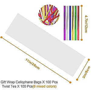 LEOSINDA 100pcs 3 X 11 Clear Long Flat Gift Wrap Cellophane Bags Cookie Bags with 6 Mix Colors Twist Ties Cello Goodie Treat Bags Bakery Party favor Packaging 1.3mil…