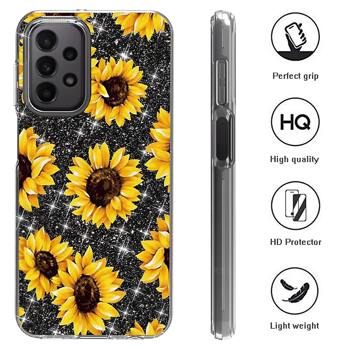 DDTKZC for Samsung Galaxy A23 5G Case，Samsung A23 5G Case Tempered Glass Protector Lustre Pattern-Sparkle 3 in 1 Clear Shockproof Case for Samsung A23 5G (Yellow Sunflower)