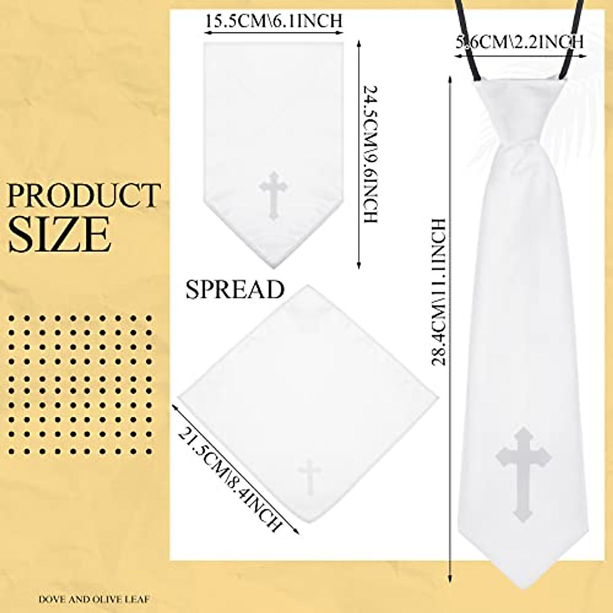 5 Pieces Boys First Holy Communion Accessories Boys Communion Set Including 1 White Tie 1 Folded Handkerchief Embroidered with the Cross 1 Cross Pin 1 Pearl Rosary 1 Cross Candle for Baptism