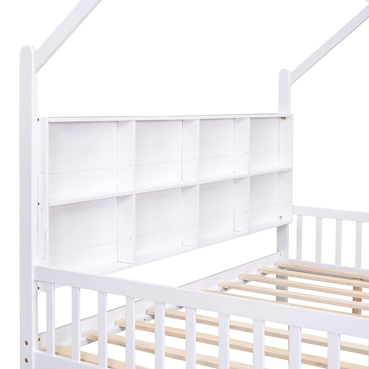 Harper & Bright Designs Full Size House Bed with Drawers, Wood Full House Bed Frame with Shelf Compartment, Full Storage Bed for Kids with Roof for Girls, Boys,No Box Spring Needed, White