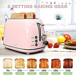 Toaster 2 slice,Retro Stainless Steel Toaster with 6 Settings, 1.5 In Extra Wide Slots, Bagel/Defrost/Cancel Function, Removable Crumb Tray (Baby pink)