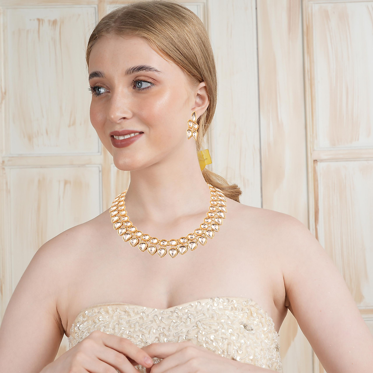 Touchstone Indian kundan jewelry sets for women necklace polki gold set earrings small royal mughal handcrafted look bollywood traditional wedding bridal designer jewellery fashion style in gold tone