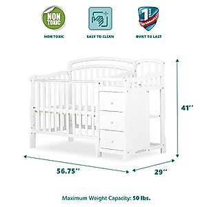 Dream On Me Casco 3-In-1 Mini Crib And Changing Table In White, Convertible Crib, Made Of Pinewood, Three Position Adjustable Mattress Height Settings