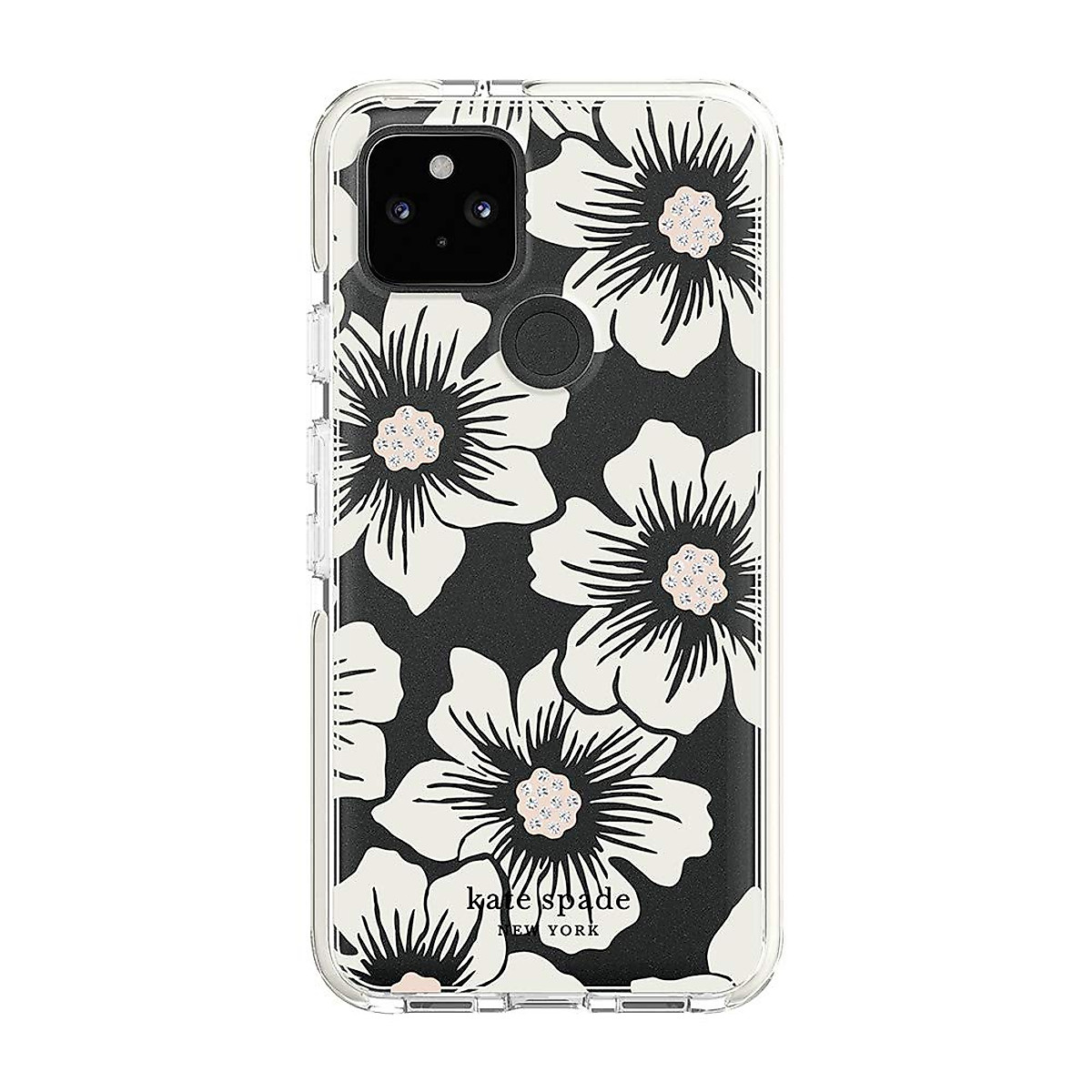 Kate Spade New York Defensive Hardshell Case for Google Pixel 5 - Hollyhock Floral Clear/Cream with Stones