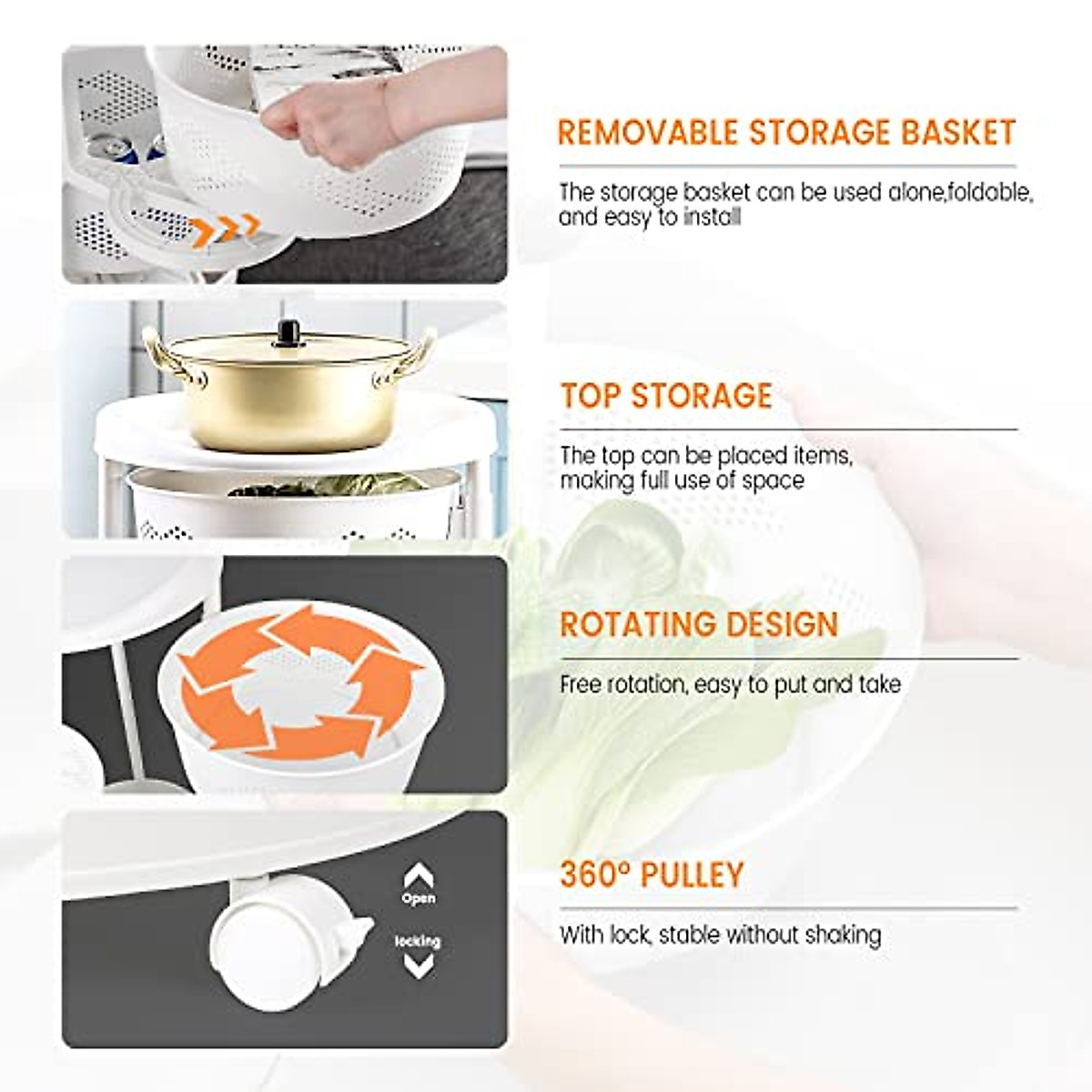 JELLYRATTBIT 5 Tier Round Rotating Multi-Layer Kitchen Storage Rack, Fruit and Vegetable Storage Basket Floor-Standing Storage Rack Household Storage Rack for Kitchen Living Room Toilet - White