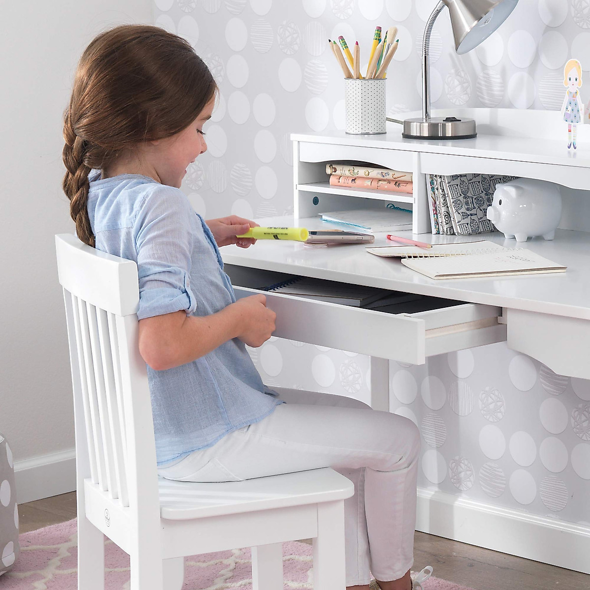 KidKraft Avalon Wooden Children's Desk with Hutch, Chair and Storage, White, Gift for Ages 5-10, 41.75 Inch
