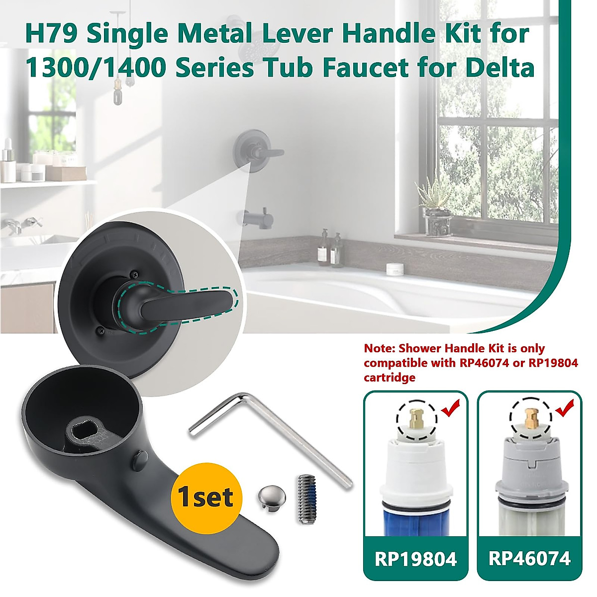 RAINREVIVE Repalcement Shower Handle, Compatible for 1300/1400 Series Tub Faucet for Delta, H79 Single Metal Lever Handle Kit, Matte Black