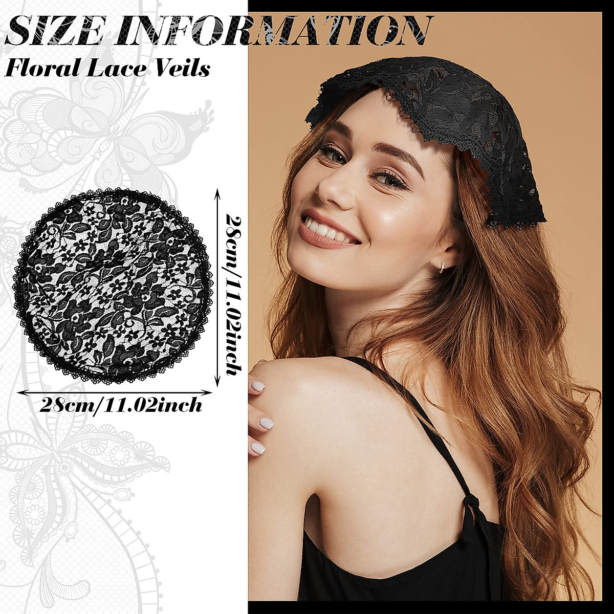 JenPen 2 Pcs Lace Embroidery Head Coverings for Women Flowers Lace Chapel Cap Veils for Church Veil Headpiece Circle Round Floral Lace Mantilla, Black, White, about 28 cm/ 11.02 inches in diameter