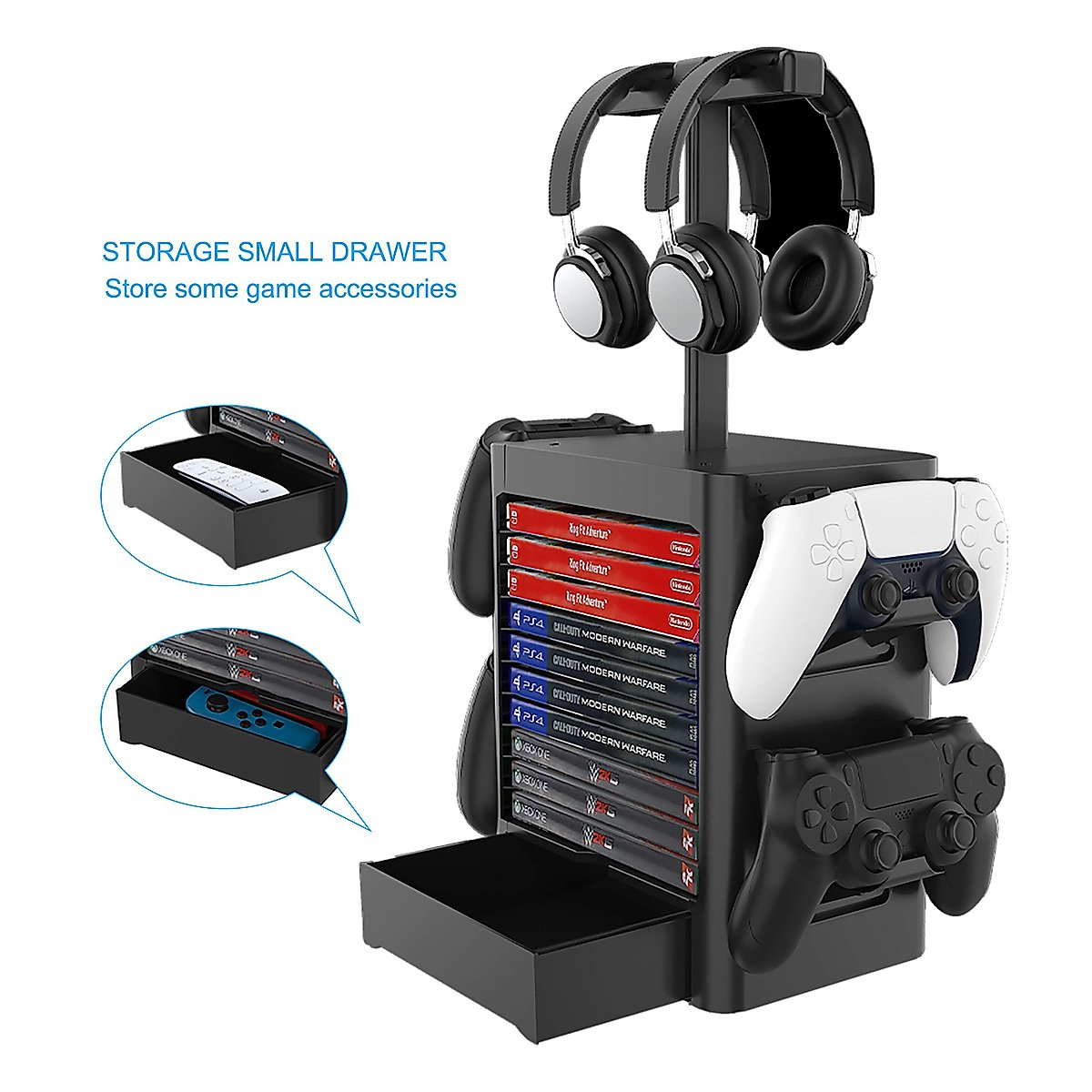 JOYTORN Games Storage Tower(Up to 10 Games) for PS5,Game Disk Rack and Controller/Headset Stand Holder Compatible with Xbox Series X/Nintendo Switch/PS4