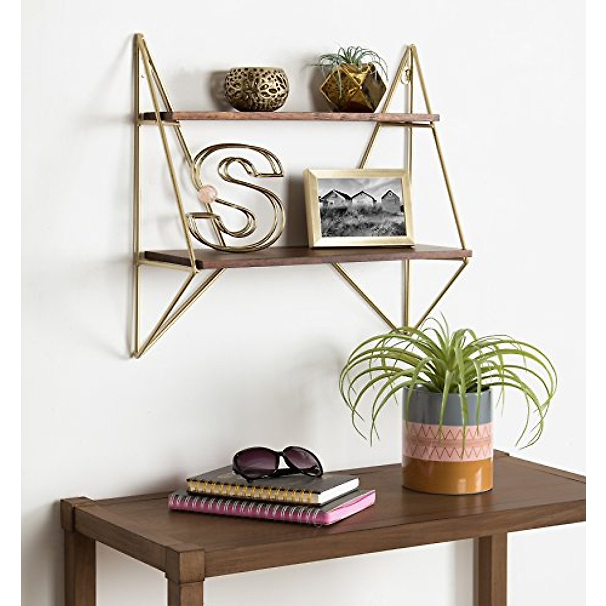 Kate and Laurel Melita Decorative Mid-Century Modern Two-Tier Floating Wall Shelf with Gold Frame and Solid Wood, Walnut Finish