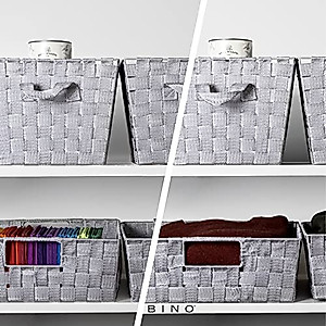 BINO 4-Piece Woven Strap Storage Basket Organizer Set - Shelf Organizer with Built-in Carry Handles, Light Grey