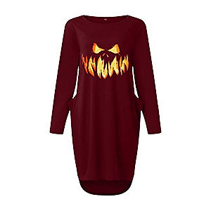 QUFECH Adult Women Halloween Costumes, Costumes For Alice In Wonderland Costume Girls 44783 Hallowmas Print Long Sleeve Tunic Dresses Pockets Plus Size T-Shirt Dress Women's Casual Loose (XL, Wine)
