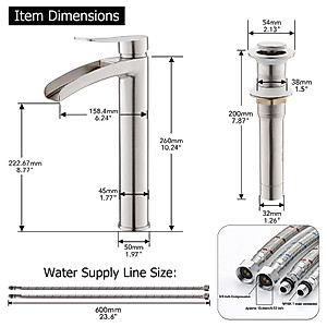 Phiestina Brushed Nickel Tall Bathroom Vessel Sink Faucet, Single Hole Single Handle Waterfall Modern Bathroom Faucet, with Pop Up Drain and Water Supply Line, NS-SF01-BN-V