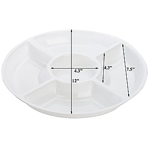 Okllen 12 Pack 5 Sectional Round Plastic Serving Tray, 12" Divided Candy Nut Serving Plate, Veggie Fruit Dish Platter Appetizer Tray for Dried Fruit, Snack, Desserts, Black & White