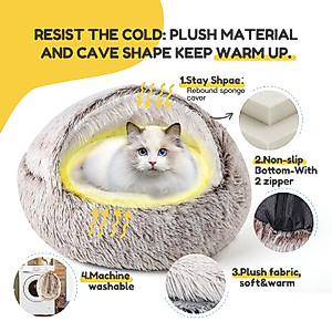 CATISM Cat Bed, Plush Hooded Cat Beds for Indoor Cats, Calming Cat Nest, Self Warming Cat Bed Cave, Cozy Cat Pod for Indoor Cat or Small Dog, Removable Washable Cat Cove with Non-Slip Bottom