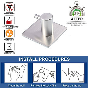 Adhesive Hooks Heavy Duty Wall Hooks Waterproof Stainless Steel Hooks for Hanging Coat, Hat,Towel Robe Hook Rack Wall Mount- Bathroom and Bedroom 4-Packs