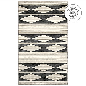 Fab Habitat Outdoor Rug - Waterproof, Fade Resistant, Crease-Free - Premium Recycled Plastic - Geo Tribal - Porch, Deck, Balcony, Mudroom, Laundry Room, Patio - Cairo - Natural & Black - 3 x 5 ft