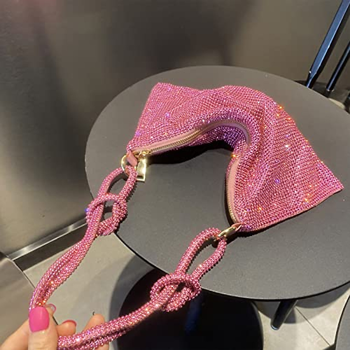 MSUIINT Rhinestone Purses for Women, Chic Sparkly Evening Handbag Bling Hobo Bag Shiny Silver Clutch for Party Wedding, Rose
