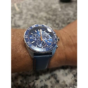 Ewatchparts 22mm Leather Watch Band Strap Compatible With Tag Heuer Carrera Monaco F1 Blue With Orange Stitching