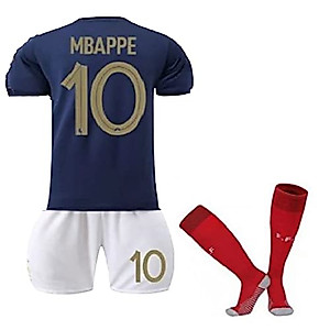 France Mbappe Home Blue Soccer Kids Jersey + Shorts + Socks Set Kit for Youth Size XLarge (12 Years Old)