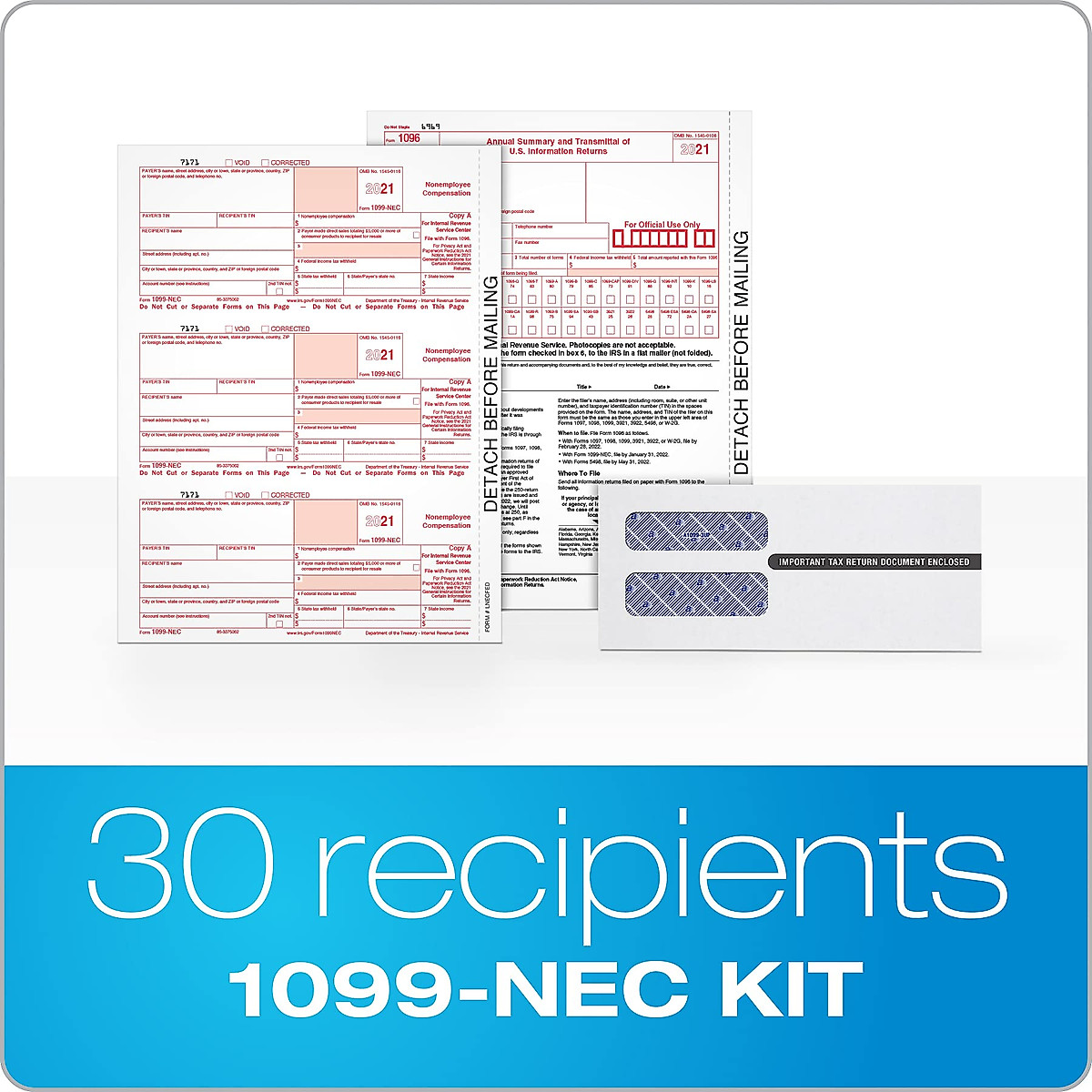 TOPS 1099 NEC 3 Up Forms 2021, Tax Forms Kit for 30 Recipients, 5 Part NEC Tax Form Sets with Self Seal 1099 Envelopes and 3 1096 (TX22905KIT-NE21)