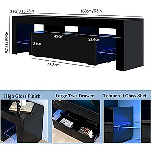 Vinctik 6&Fox Black TV Stand for 55/60/65inch TV,Modern Entertainment Center with 2 Storage Drawers and LED Light, High Glossy TV Console Table Media Furniture(63inch Black)