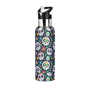 Sugar Skulls Water Bottle with Straw Lid Double Wall Daisy Thermos Bottle Vacuum Insulated Flask Stainless Steel Water Bottle for Gym Outdoor 20 OZ