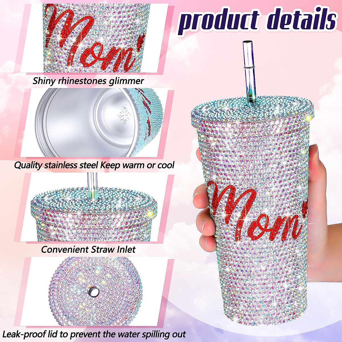 Zubebe Bling Diamond Tumbler Thermal Glitter Water Bottles Mother Gift Mom Stainless Steel Rhinestone Glitter Tumbler Idea with Lid and Straw 6 Pcs Straw Brushes 1 Pcs Cup Brush