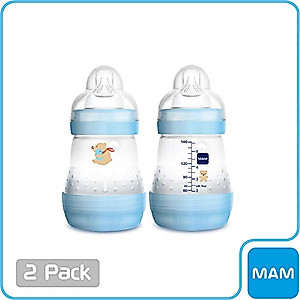 MAM Easy Start Anti Colic 5 oz Baby Bottle, Easy Switch Between Breast and Bottle, Reduces Air Bubbles and Colic, 2 Pack, Newborn, Boy