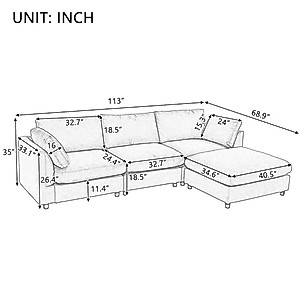 Eafurn Deep Seat Convertible Sectional Sofa with Extra Wide Chaise Lounge, 3-Seater L-Shaped Modular Corner Couch, Polyester Blend Upholstered Oversized Two-Piece Sofa&Couches for Living Room