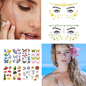 JEEFONNA 60 Sheets Face Temporary Tattoos, Metallic Fake Tattoos for Women, Men, Kids, Waterproof, Festival, Cosplay, Halloween