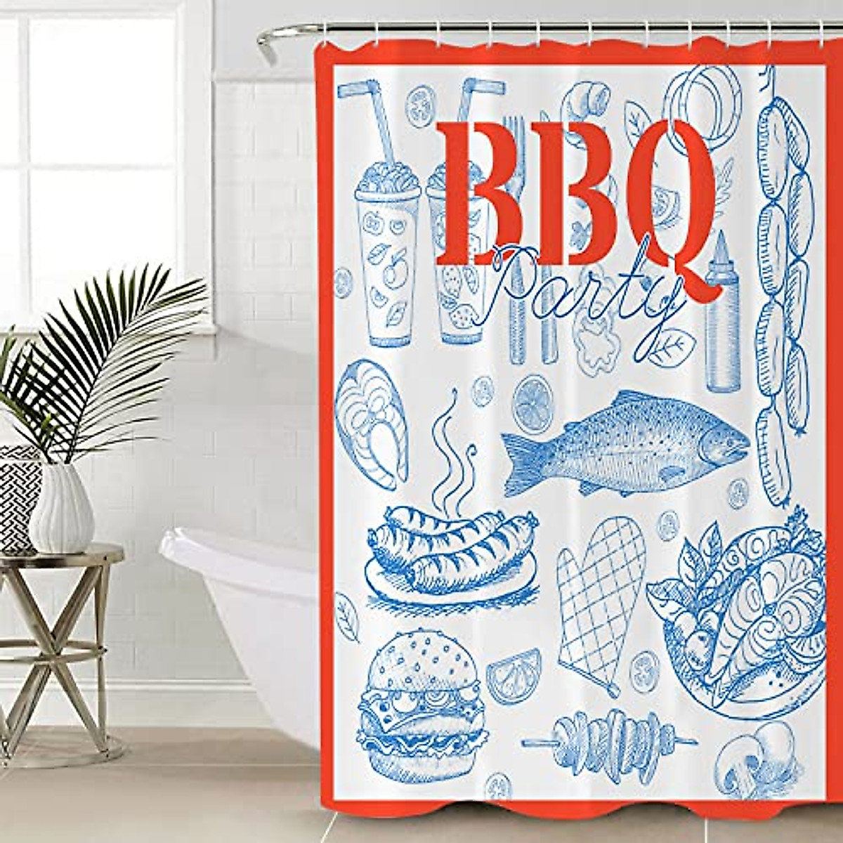BBQ Party 4 Pcs Shower Curtain Set, 66" x 72" Waterproof Shower Curtains with 12 Hooks, Blue Lines BBQ Fish Hamburger Orange Lace Bathroom Sets with Shower Curtain and Rugs