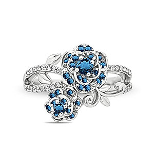 Jewelili Enchanted Disney Fine Jewelry Sterling Silver 3 MM Round London Blue Topaz and 1/6 Cttw Natural White Round Diamond Cinderella 70th Gardania Flower Ring, Size 8
