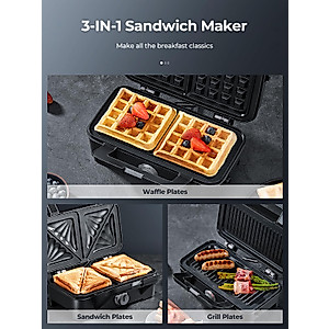 AMEGAT 3 in 1 Sandwich Maker, Waffle Maker with Removables Plates, Panini Press Waffle Iron Set with 5-gear Temperature Control, Non-stick Coating Cool Touch Handle Anti-skid Feet for Breakfast, 1200W
