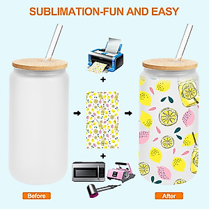 MOVNO 12 Pack Sublimation Cups - 16oz Frosted Glass Cups with Bamboo Lids and Straws Sublimation Glass Blanks Beer Can Shaped Cups Sublimation Glass Tumblers for Iced Coffee Juice Soda Drinks