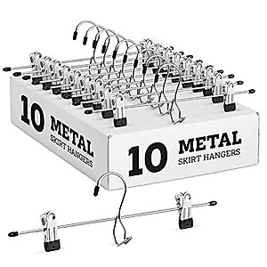 Zober Metal Skirt Hangers - Pack of 10 Pants Hangers with Clips - Multi Stackable Space Saving Hangers - Adjustable Clip for Skirts, Jeans, and Pants W/Non-Slip Grip