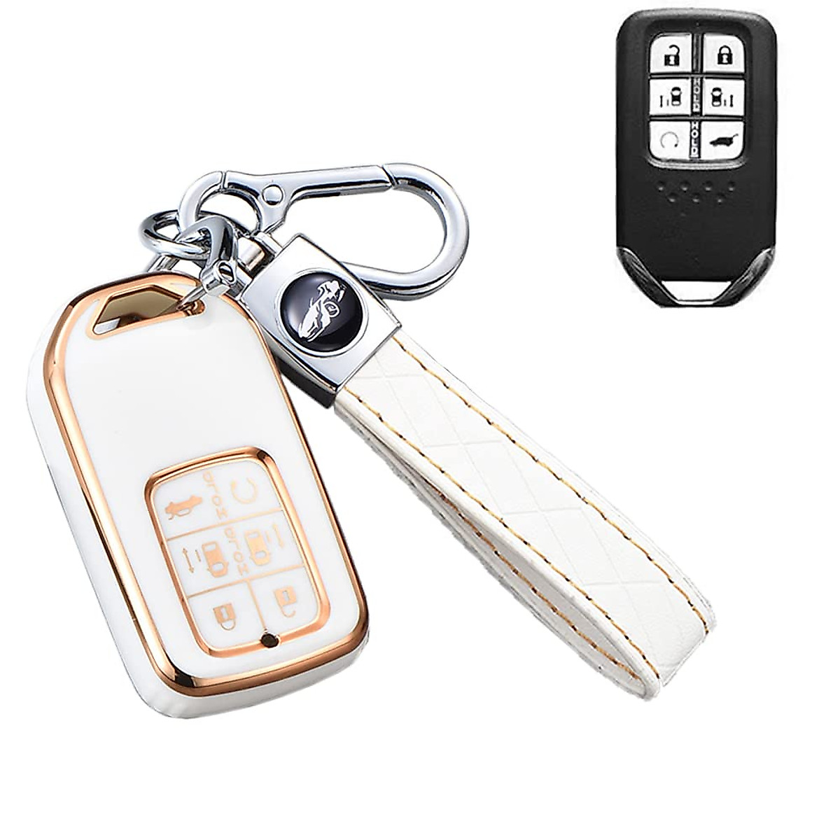 SANRILY Soft TPU Golden-edge 6 Button Key Fob Cover for Honda Odyssey Freed Elysion Keyless Full Protection Key Fob Case with Leather Keychain Beige
