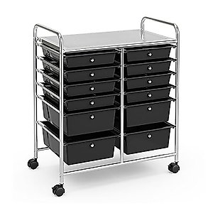 12-Drawer Rolling Storage Craft Cart and Organizer - Rolling Organizer Cart Tools and 4 Universal Casters (Black)