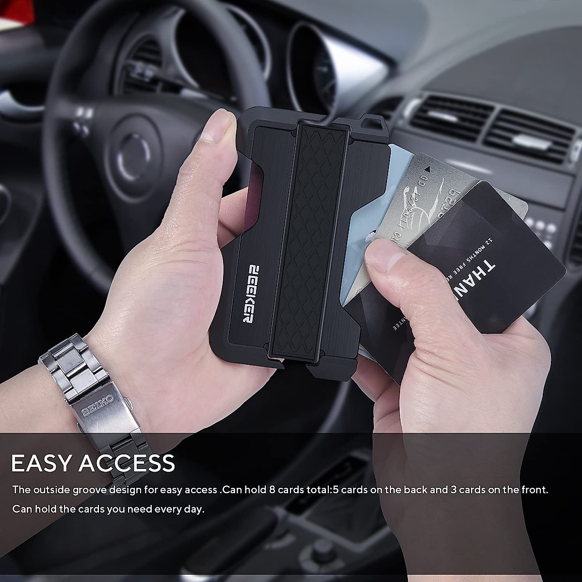 Zeeker Minimalist Wallet for Men,RFID Blocking Metal Card Holder Wallet, Slim Wallet with Cash Strap Tactical Wallet for Men & Women,Black