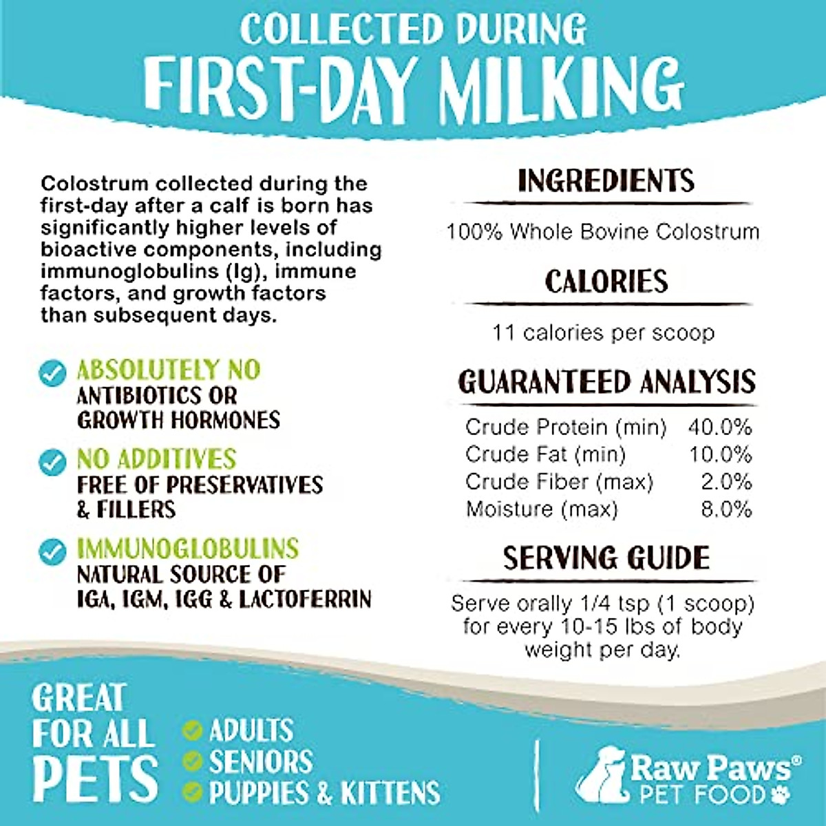 Raw Paws Pet Bovine Colostrum for Dogs Allergies & Immune Support, 5-oz - Made in USA, Pure Bovine Colostrum Powder for Cats - Bovine Colostrum Dogs Daily Supplement - Colostrum for Puppies & Kittens