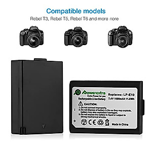Powerextra 2 Pack LP-E10 Battery and Charger Compatible with Canon Rebel T3 T5 T6 T7 Kiss X50 Kiss X70 1100D 1200D1300D 2000D 1500D Digital Cameras
