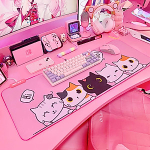 Pink Kawaii Cat RGB Gaming Mouse Pad 31.5x12 Inch PC XL Large Extended Glowing Led Light Up Cool Mouse pad Desk Pad Non-Slip Rubber Jmiyav Computer Mouse Pad Cute Mousepad Mat 31.5x12 Inch
