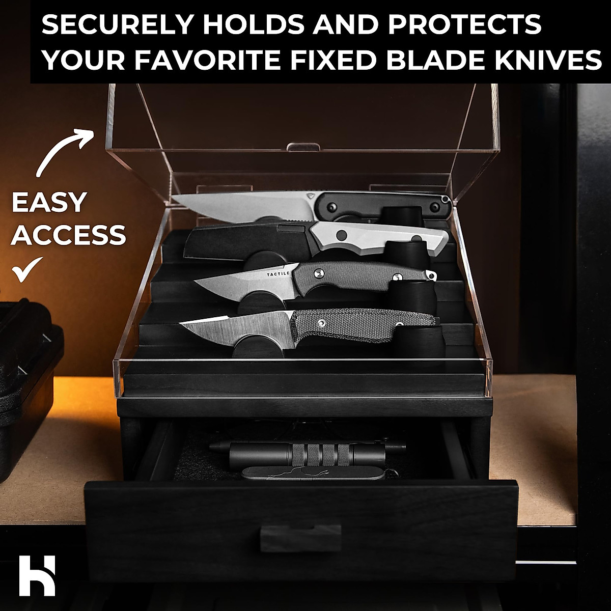 Luxury Knife Display Case for Fixed Blades and Pocket Knives – Large Drawer & Solid Wood Pillars – Wooden Knife Box – Display ESEE Knives, Benchmade, WESN and More – Christmas Gift for Men