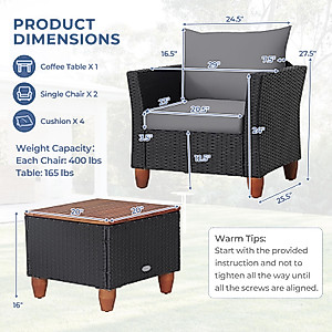 ORALNER 3 Pieces Patio Furniture Set, Outdoor Wicker Conversation Chairs with Cushion, Acacia Coffee Table, Rattan Bistro Set for Balcony Garden Backyard Front Porch Poolside (Grey)