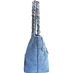 Upcycling Blue Denim Jeans Trapeze Bag Silver Stud Bow-Tied Braided Strap Top-Handle Handbag Purse for Women