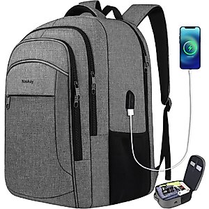 Naukay Carry on Backpack, Travel Laptop Backpack, TSA 17.3 Inch Extra Large Laptop Backpack for Women Men, Water Resistant Business Backpack Backpack with USB Charging Port, Grey